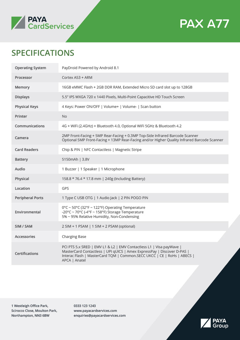 Spec Sheets | PayaCardServices